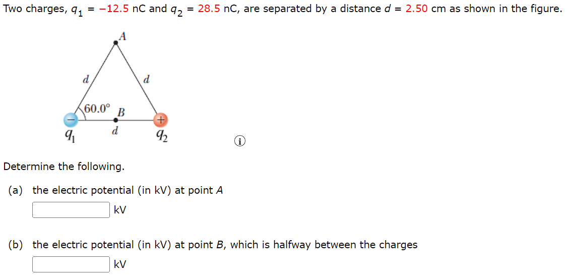 Two charges, q1=−12.5nC and q2=28.5nC, are separated | Chegg.com