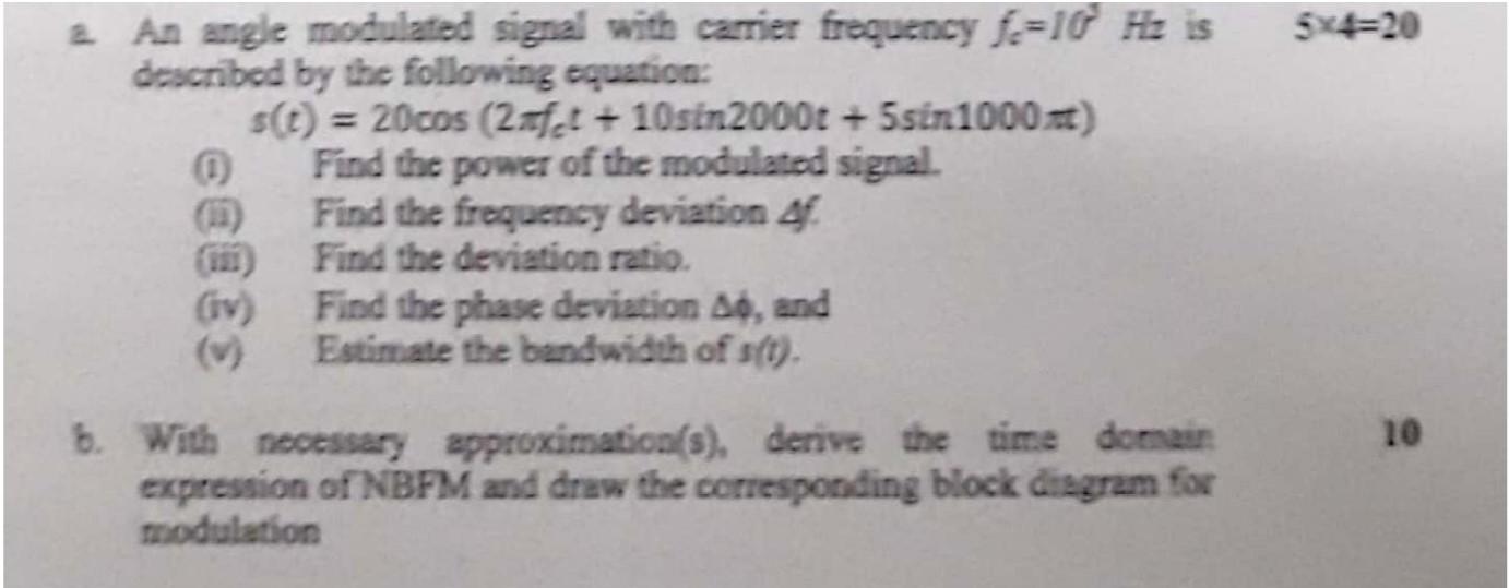 Solved a. An angle modulated signal with carrier frequency | Chegg.com