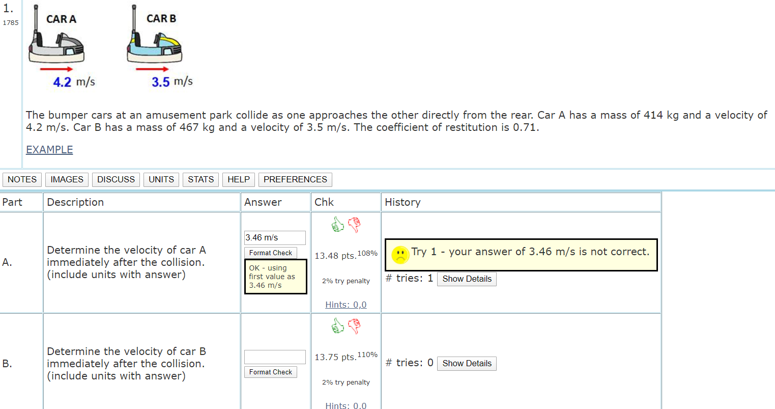 Solved CARA 1785 CARB 4.2 m/s 3.5 m/s The bumper cars at an | Chegg.com