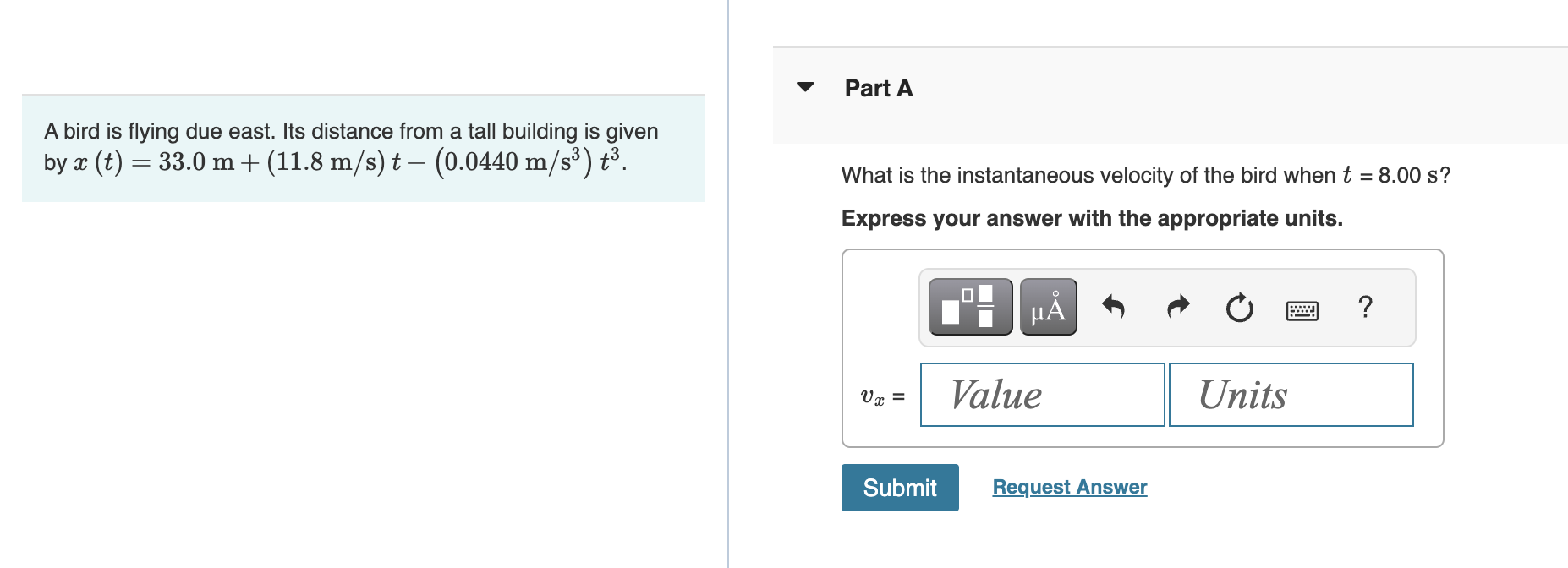 Solved Part AA bird is flying due east. Its distance from a | Chegg.com