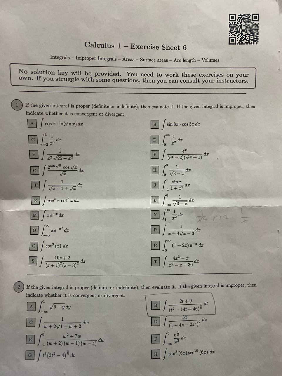 Solved Calculus 1 - ﻿Exercise Sheet 6Integrals - ﻿Improper | Chegg.com
