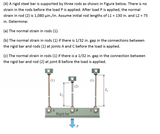 Solved (4) A rigid steel bar is supported by three rods as | Chegg.com