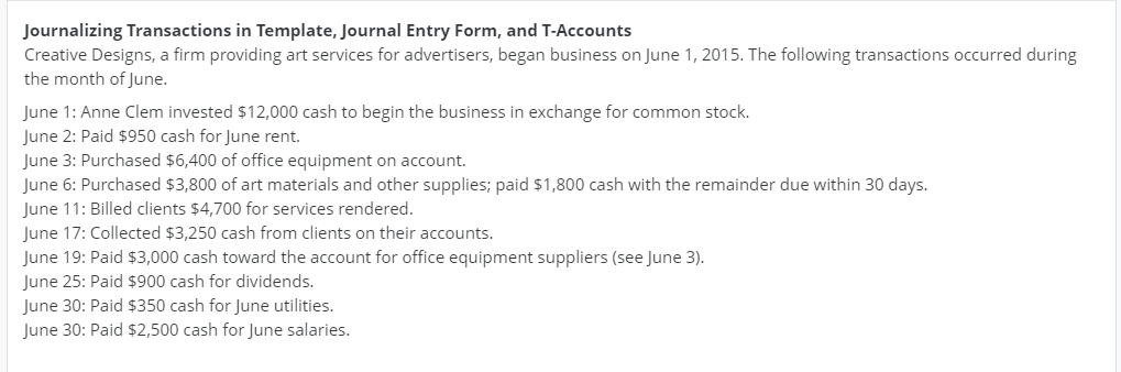 Solved Journalizing Transactions in Template, Journal Entry | Chegg.com