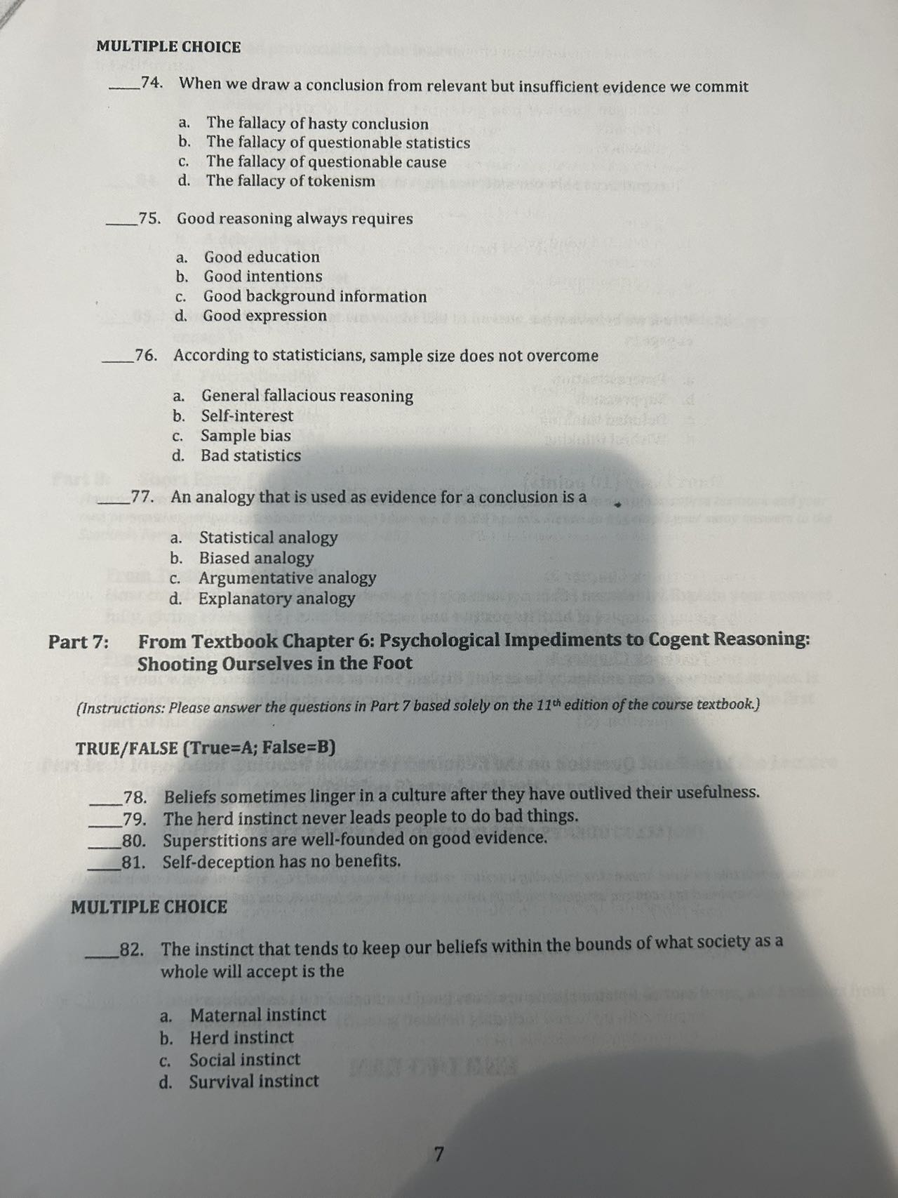 Solved 74. When we draw a conclusion from relevant but | Chegg.com