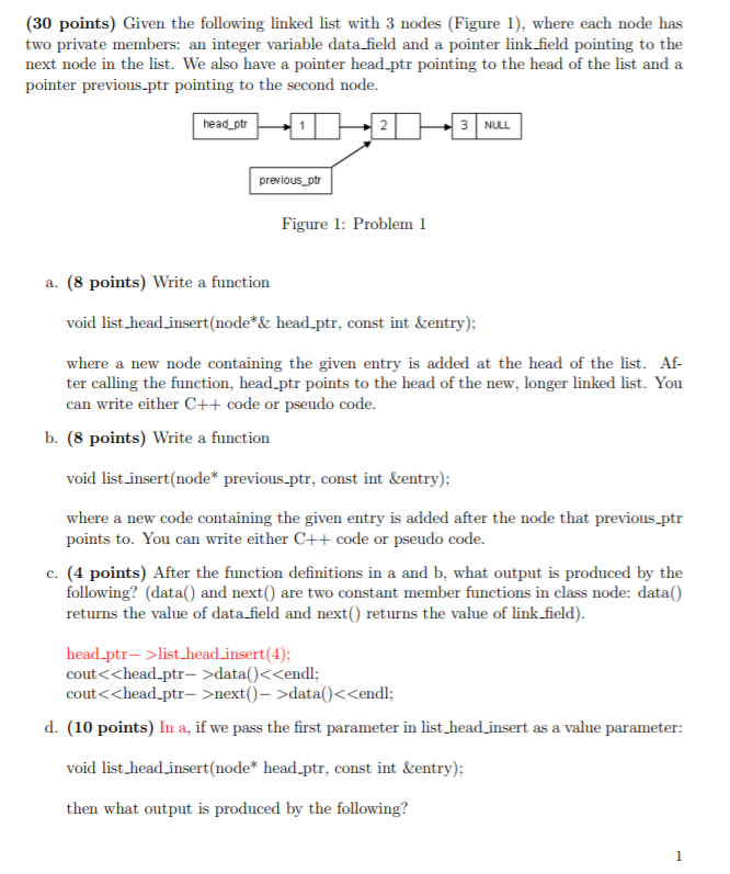 (30 points) Given the following linked list with 3 | Chegg.com