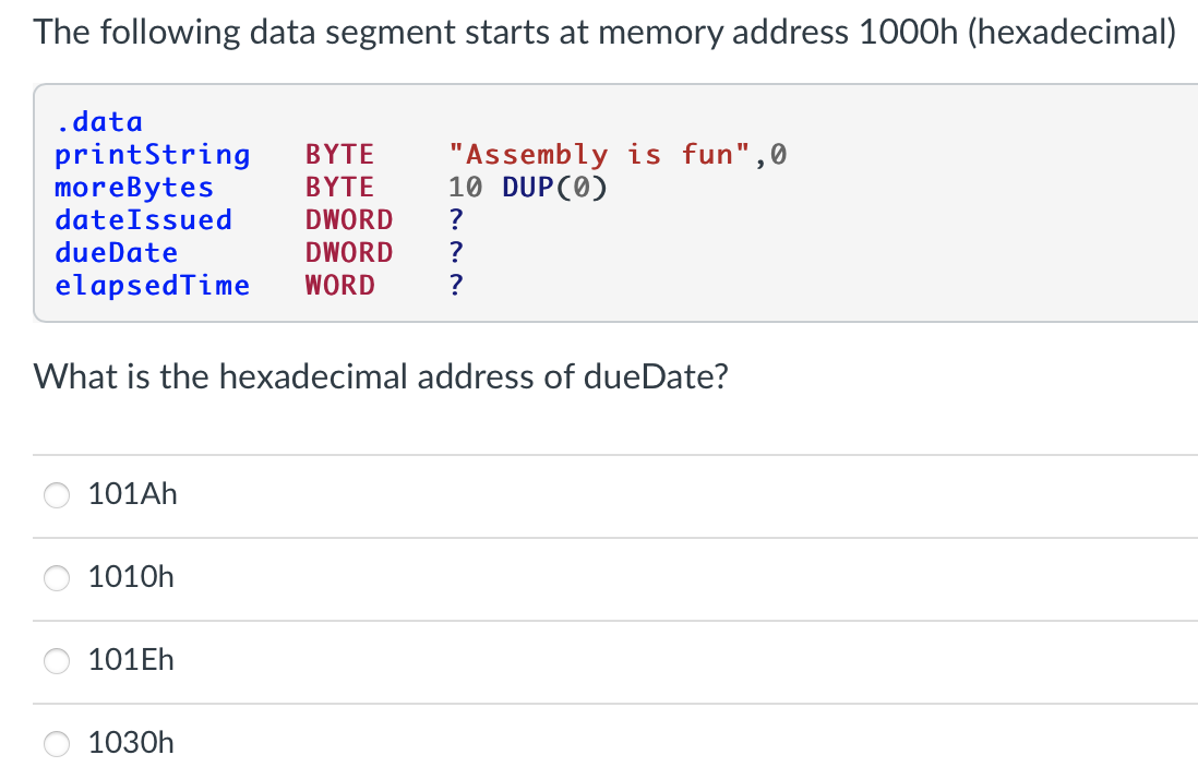 Solved The following data segment starts at memory address | Chegg.com