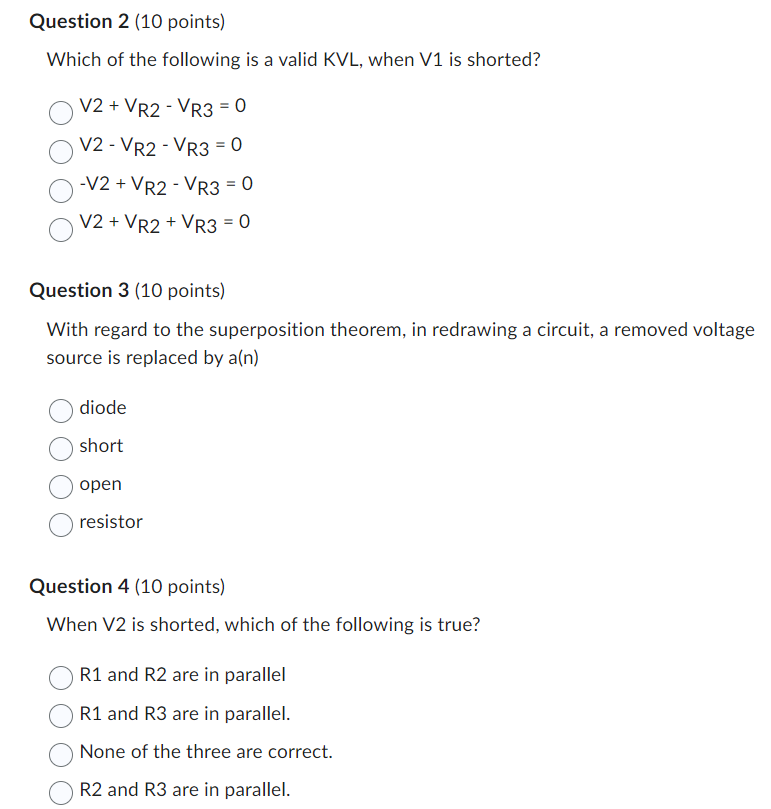 Solved Which of the following is a valid KVL, when V1 is | Chegg.com