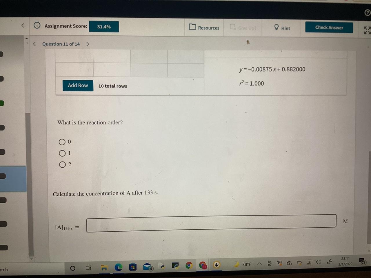 Solved Assignment Score: 31.4% Resources D Give Up Hint | Chegg.com