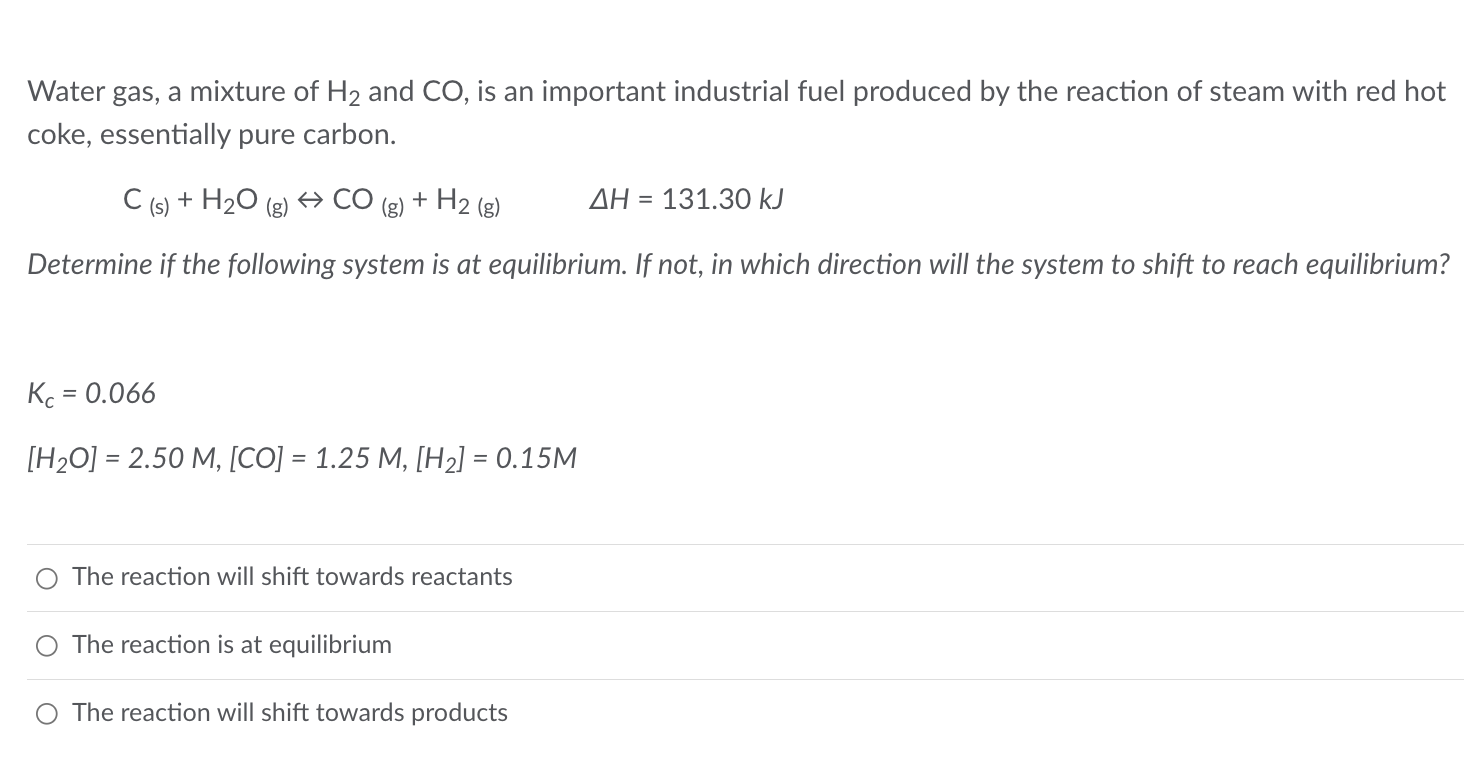Solved Water gas, a mixture of H2 and CO, is an important | Chegg.com