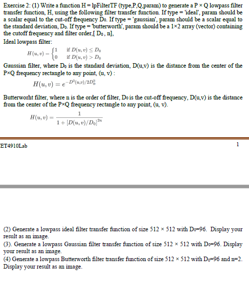 Solved Exercise 2: (1) Write a function H=1pFilterTF (type. | Chegg.com