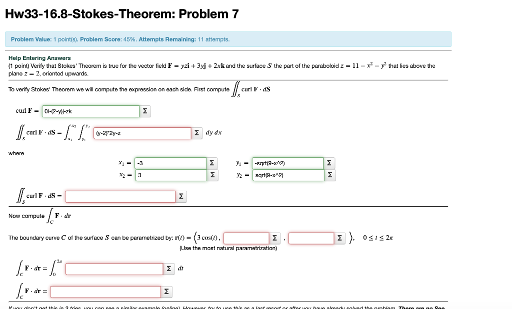 Solved Hw33-16.8-Stokes-Theorem: Problem 7 Problem Value: 1 | Chegg.com