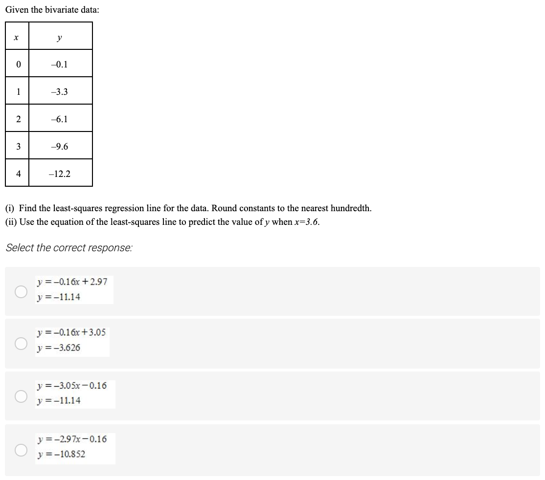 Solved Find the least squares regression equation for the | Chegg.com