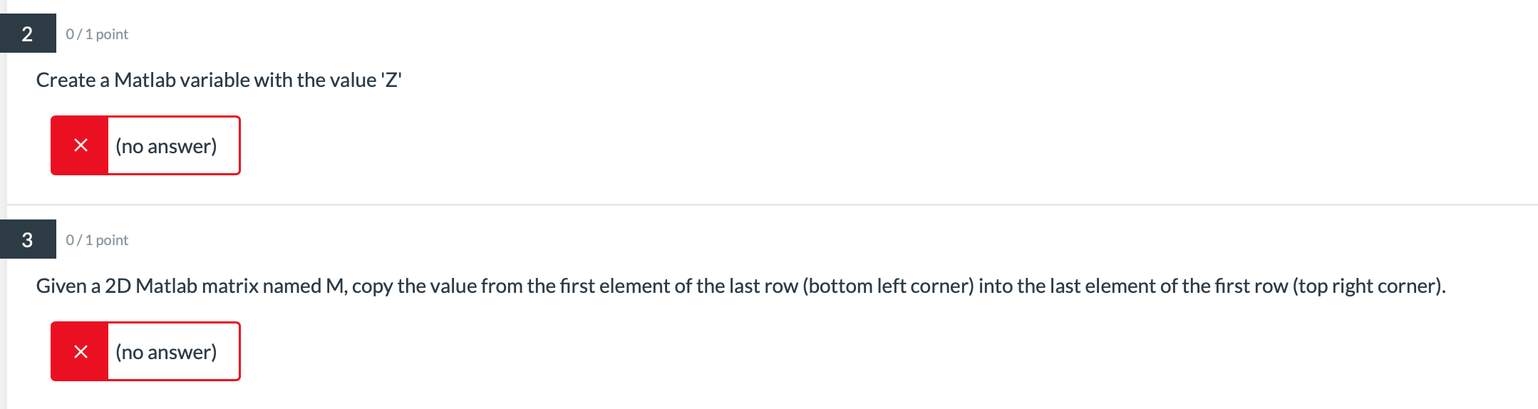 Solved 2 0/1 point Create a Matlab variable with the value | Chegg.com