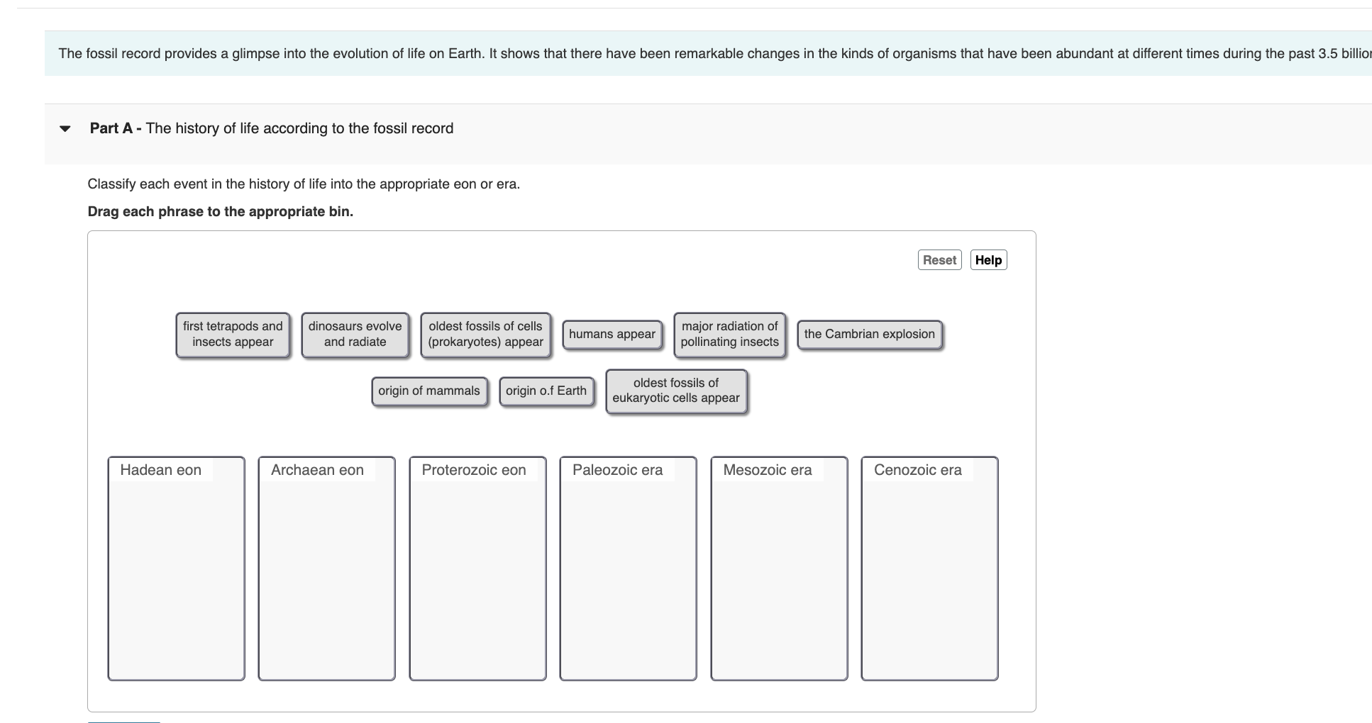 Solved Part A - The history of life according to the fossil | Chegg.com
