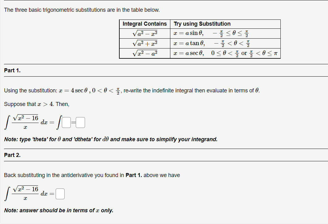 Solved The three basic trigonometric substitutions are in | Chegg.com