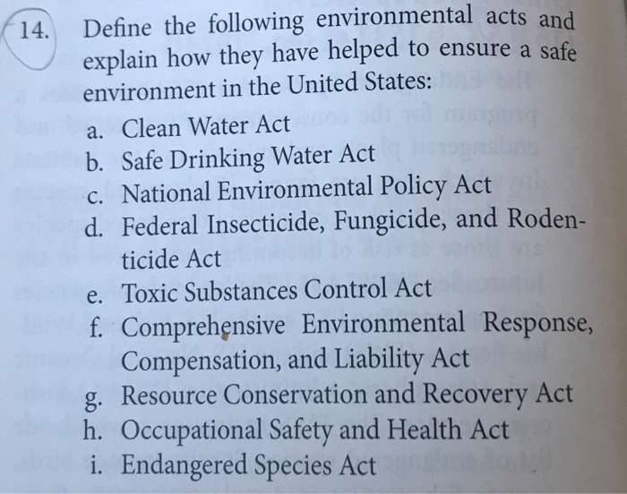 Solved 14. Define the following environmental acts a explain | Chegg.com