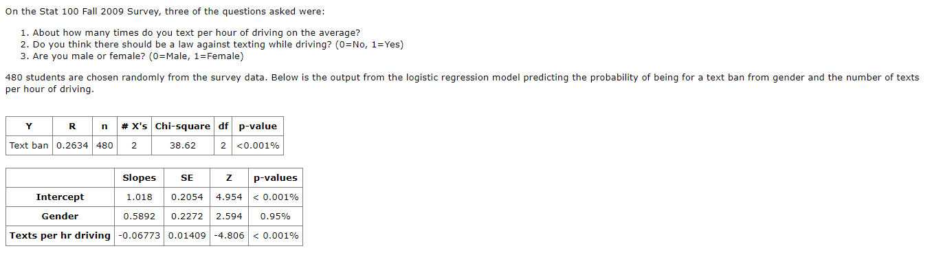 Solved On the Stat 100 Fall 2009 Survey, three of the | Chegg.com
