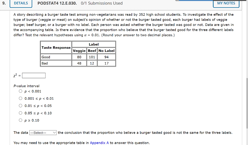 Solved 9. DETAILS PODSTAT4 12.E.030. 0/1 Submissions Used MY | Chegg.com