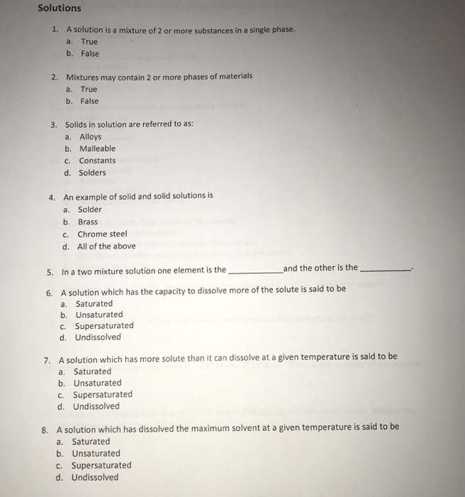 Solved Solutions 1 A Solution Is A Mixture Of 2 Or More