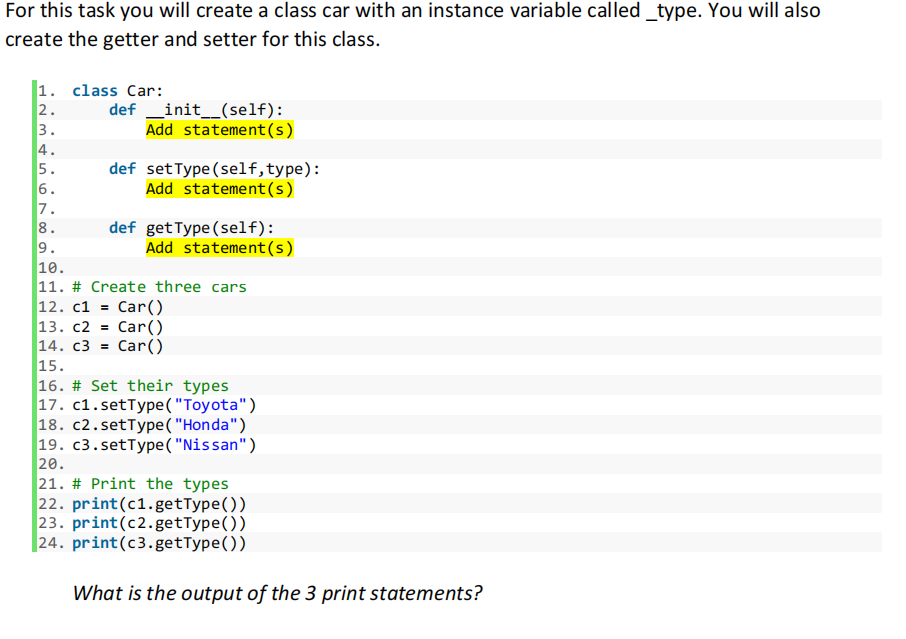 Solved For this task you will create a class car with an | Chegg.com