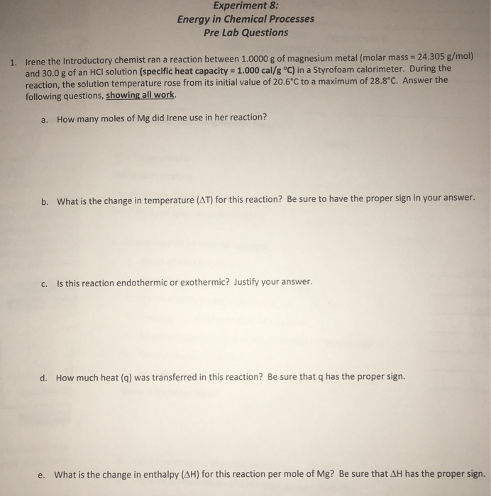 Solved Experiment 8: Energy in Chemical Processes Pre Lab | Chegg.com