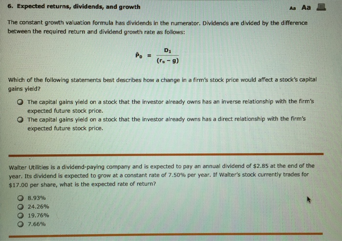 Solved The constant growth valuation formula has dividends | Chegg.com