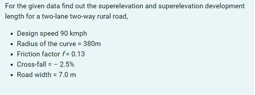 Solved For the given data find out the superelevation and | Chegg.com