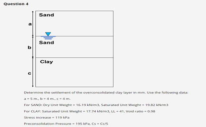 Solved Question 4 Sand Sand b Clay Determine the settlement | Chegg.com