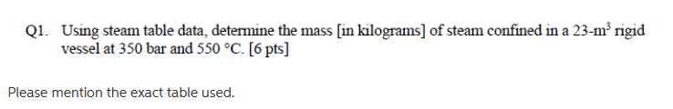 Solved Q1. Using steam table data, determine the mass [in | Chegg.com