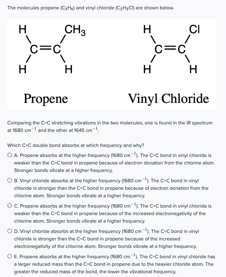 Solved The molecules propene (C3H6) and vinyl chloride | Chegg.com