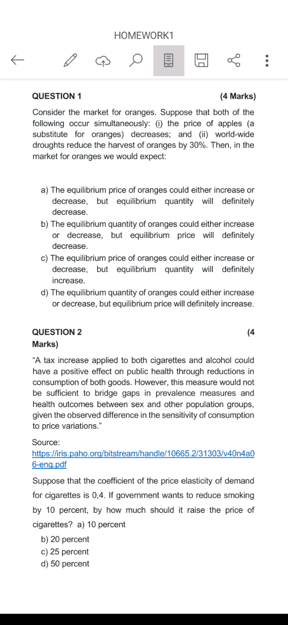 Solved QUESTION 1 (4 Marks) Consider the market for oranges. | Chegg.com