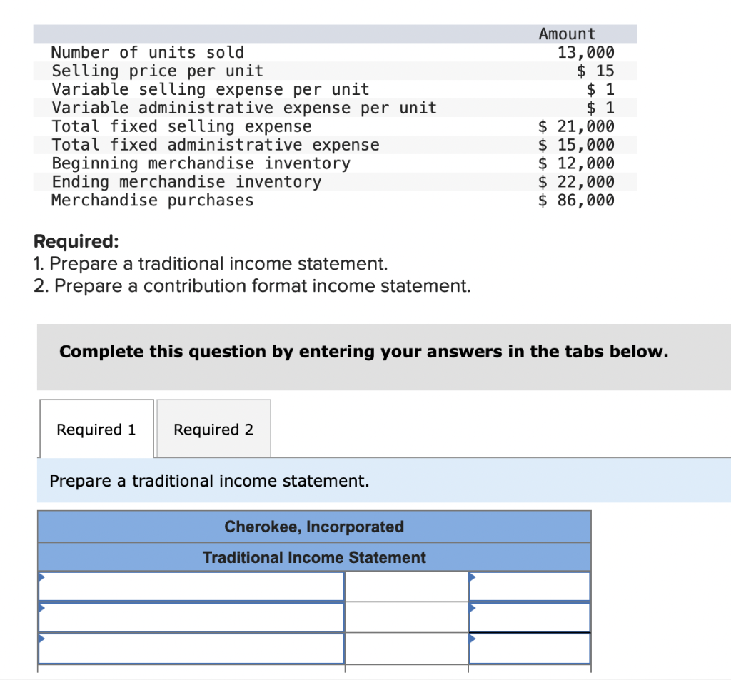 Solved Required: 1. Prepare a traditional income statement. | Chegg.com
