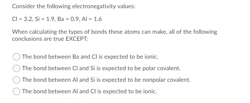 Solved Consider the following electronegativity values: Cl = | Chegg.com