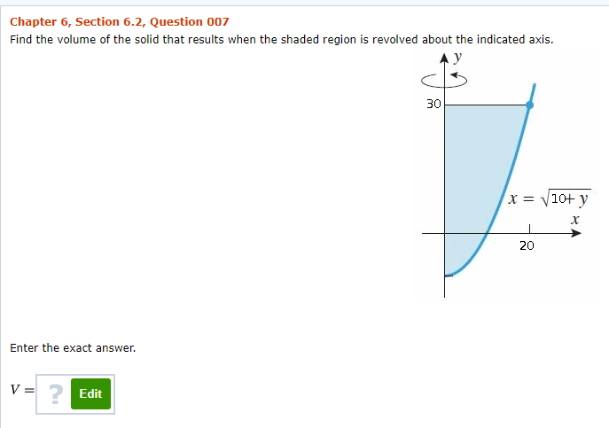 Solved Chapter 6, Section 6.2, Question 007 Find the volume | Chegg.com