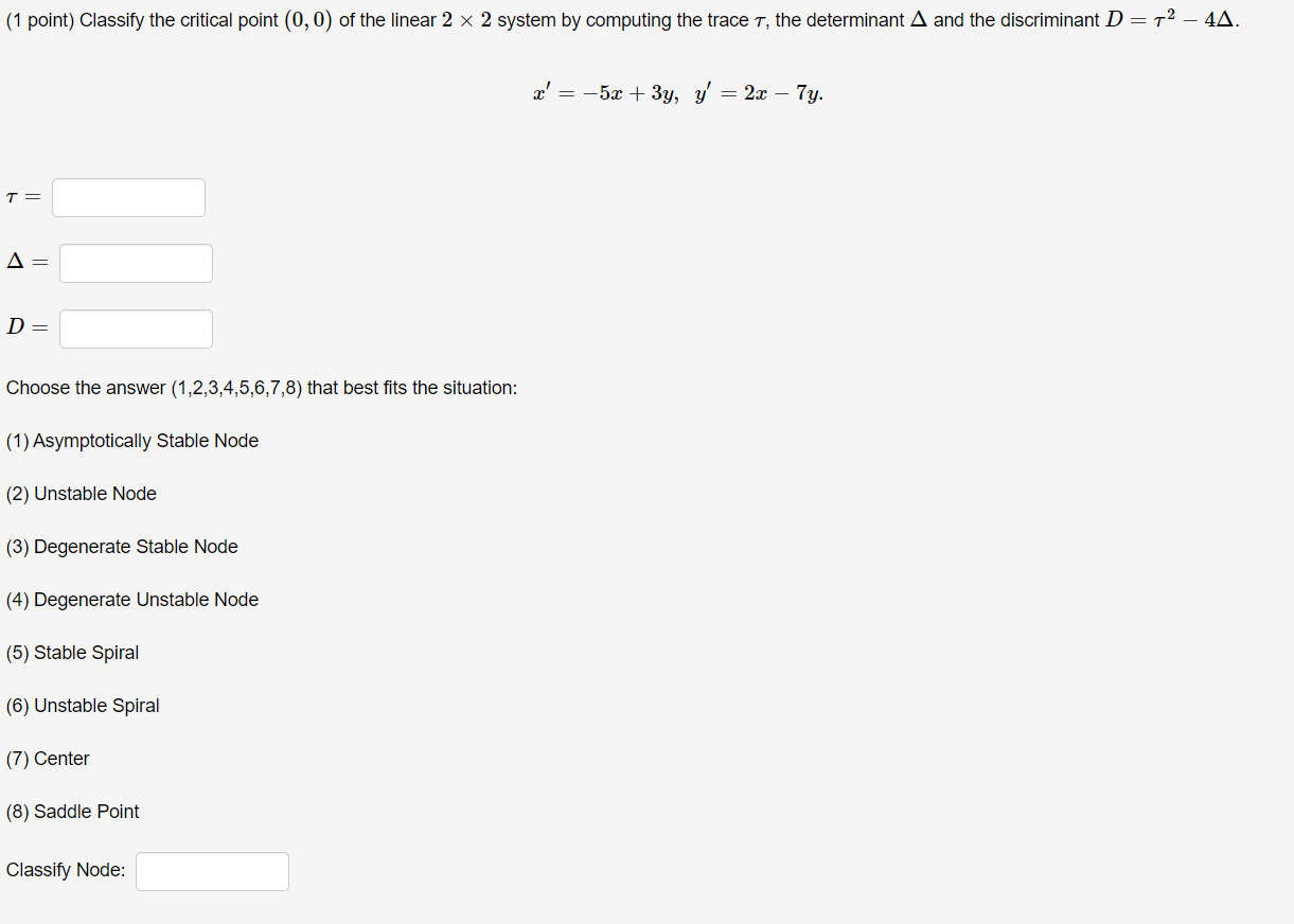 Solved (1 ﻿point) ﻿Classify the critical point (0,0) ﻿of the | Chegg.com