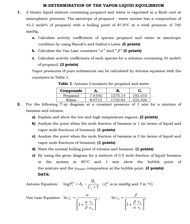 Solved 1. A binary liquid mixture containing propanol and | Chegg.com