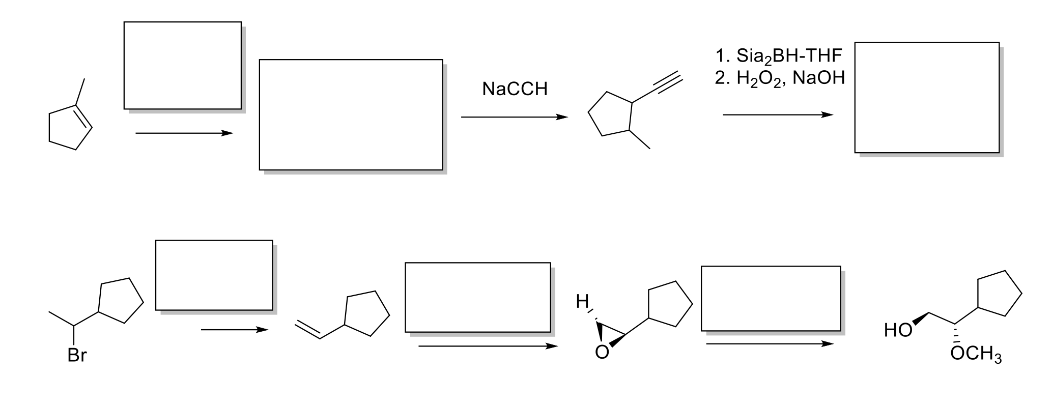 Solved 1. Sia BH-THF 2. H2O2, NaOH NaCCH Н. HO Br OCH3 | Chegg.com