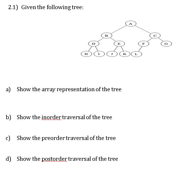 Solved 2.1) Given the following tree: B E F H J к L a) Show | Chegg.com