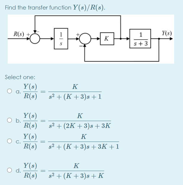 Solved Find the transfer function Y(s)/R(s). R(S) + 1 Y(S) K | Chegg.com