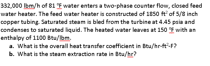 Solved 332,000lbm/h of 81∘F water enters a two-phase counter | Chegg.com