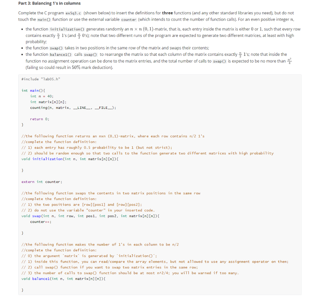 Solved Part 3: Balancing 1's in columns Complete the program | Chegg.com