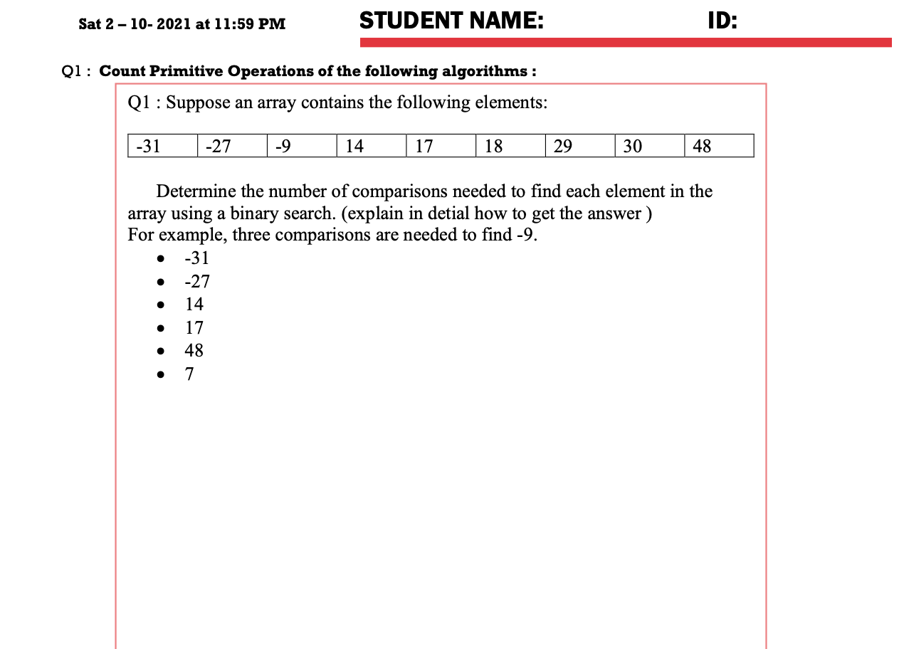 Solved Sat 2-10-2021 at 11:59 PM STUDENT NAME: ID: Q1: Count | Chegg.com