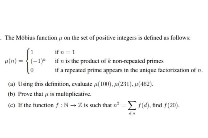 Solved The Möbius function u on the set of positive integers | Chegg.com
