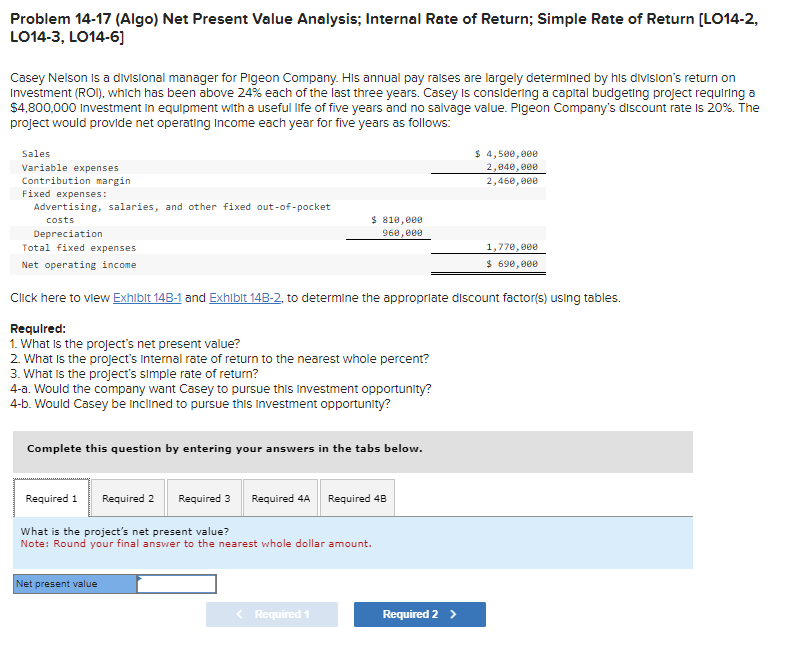 Problem 14-17 (Algo) Net Present Value Analysis; | Chegg.com