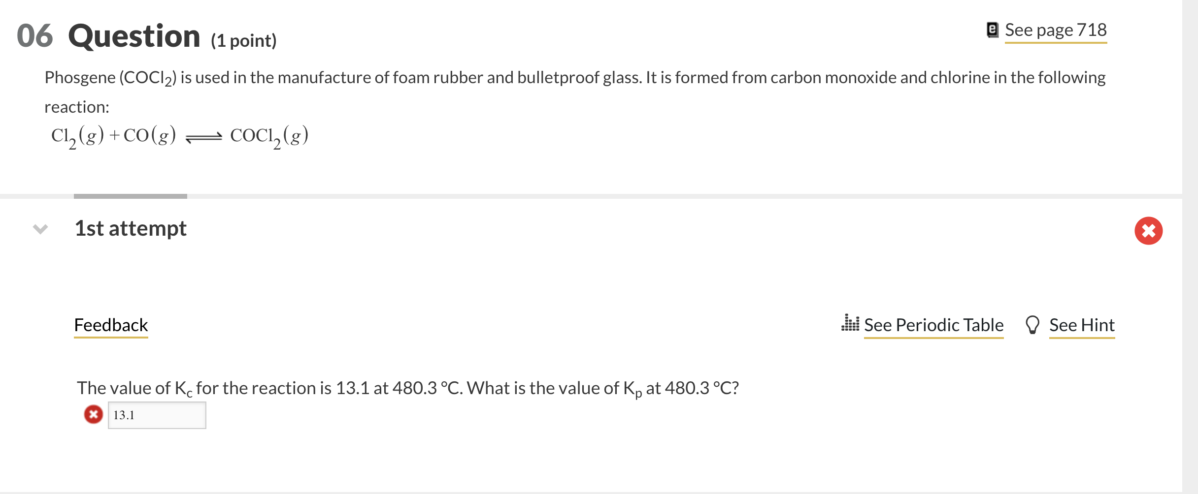 Solved 06 Question (1 point) e See page 718 Phosgene (COCl2) | Chegg.com
