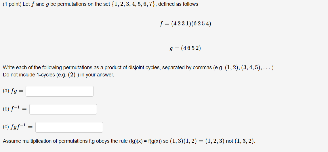 Solved (1 point) Let f and g be permutations on the set {1, | Chegg.com