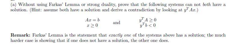 Solved (a) Without using Farkas' Lemma or strong duality, | Chegg.com Solved (a) Without using Farkas' Lemma or strong duality, | Chegg.com