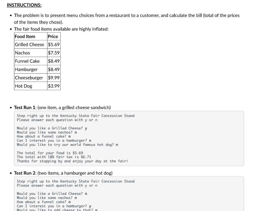 Solved INSTRUCTIONS: - The problem is to present menu | Chegg.com