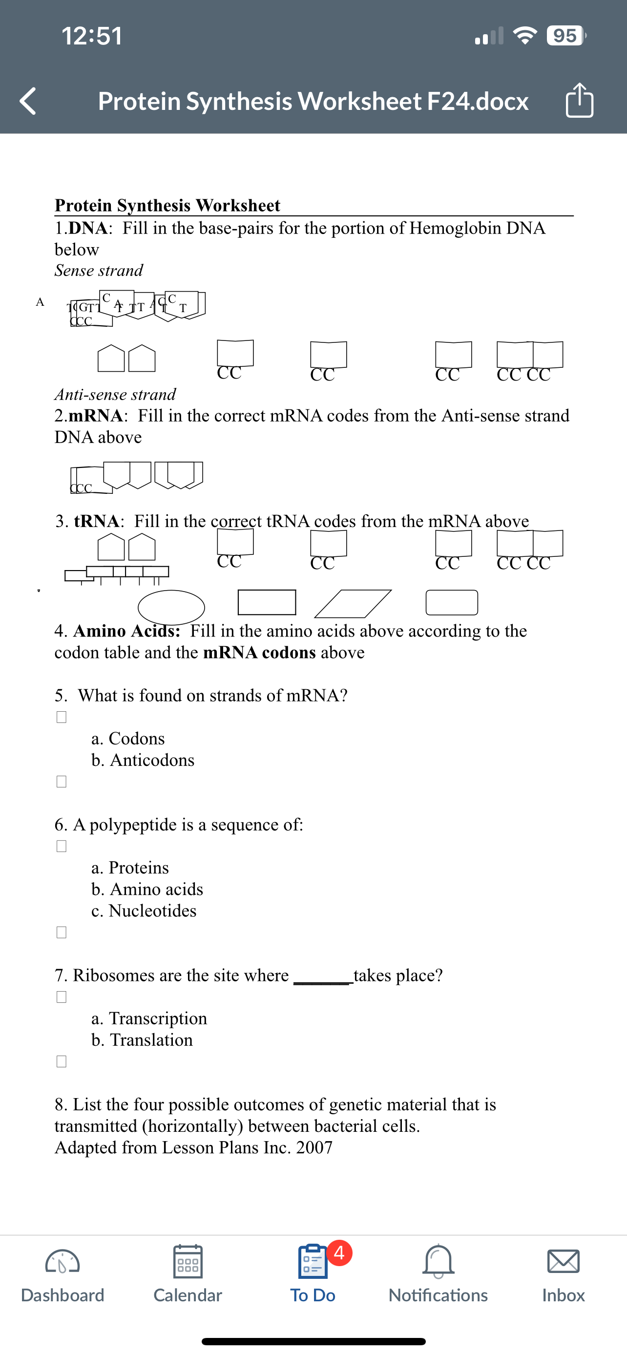 Solved Protein Synthesis Worksheet1.DNA: Fill in the | Chegg.com