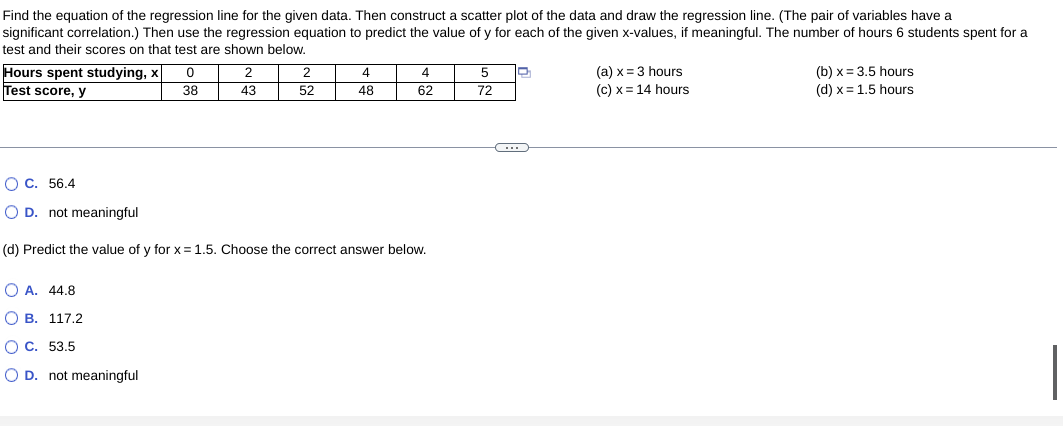 Solved Find the equation of the regression line for the | Chegg.com